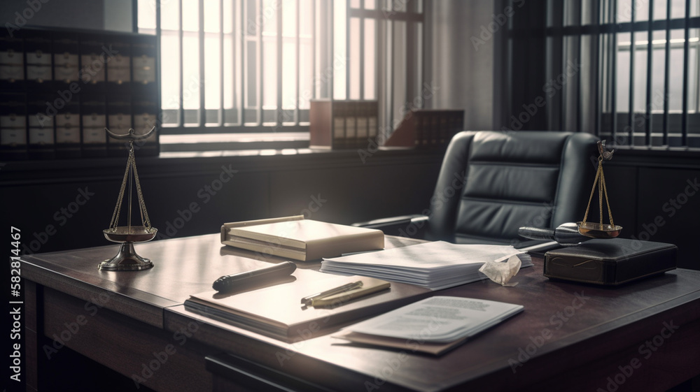 Strong law office interior view through window and sun rails Generative ...