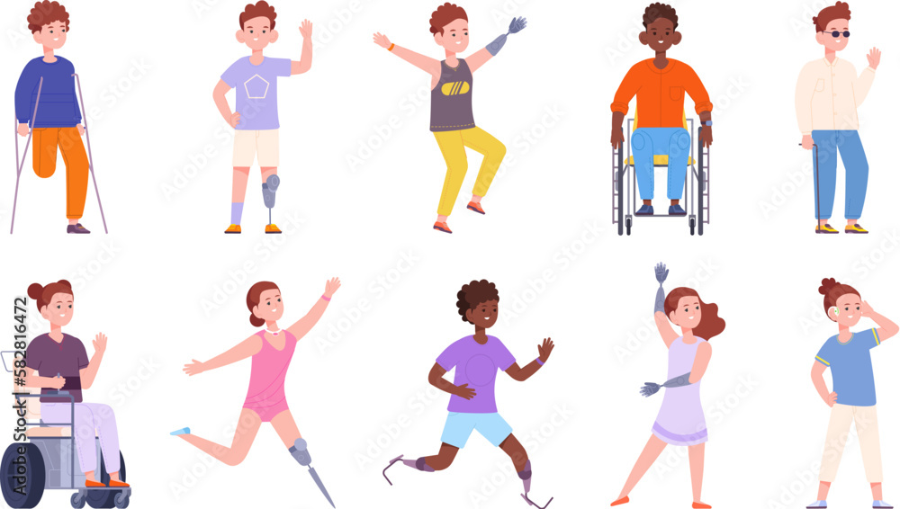 Cartoon children. Handicap kids in wheelchair, crutches or prosthesis ...