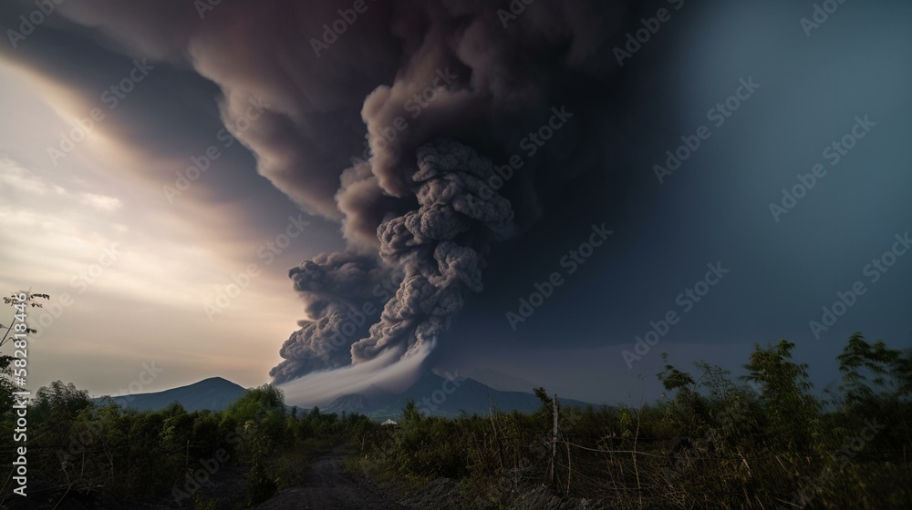 The ominous clouds of ash and smoke filling the sky, casting a dark and ...