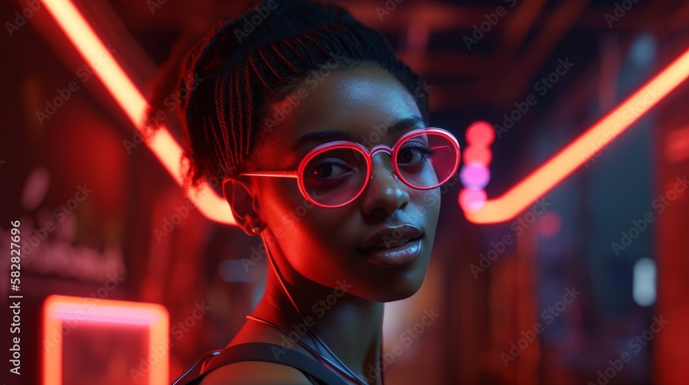 Smiling Black Woman with Black Hair in Neon Cyberpunk Setting ...