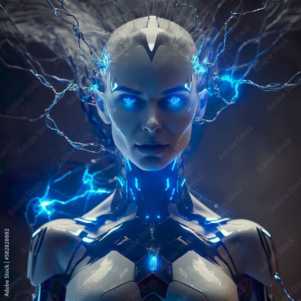 Ilustrace „futuristic humanoid robot with human woman face covered in ...