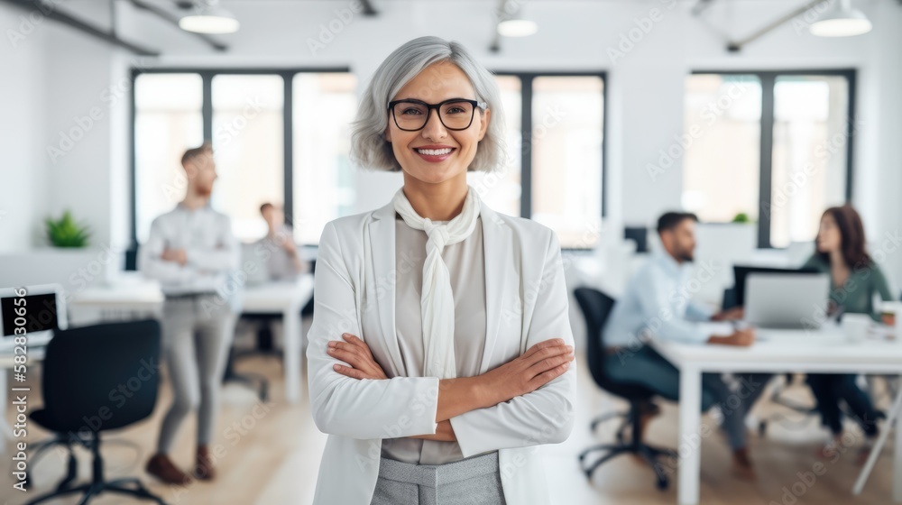 Attractive businesswoman woman posing at her work place with coworkers ...