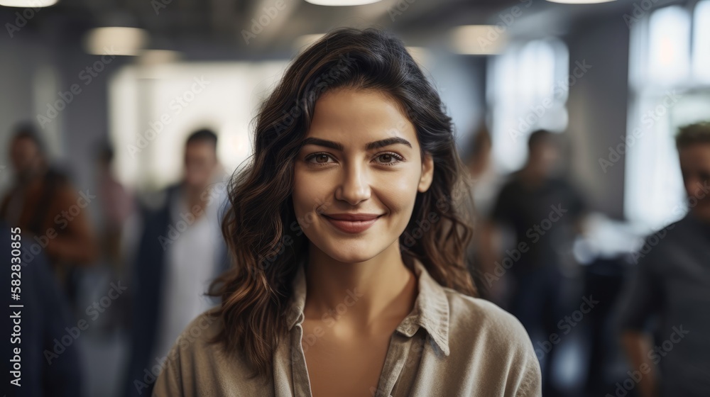 Attractive businesswoman woman posing at her work place with coworkers ...