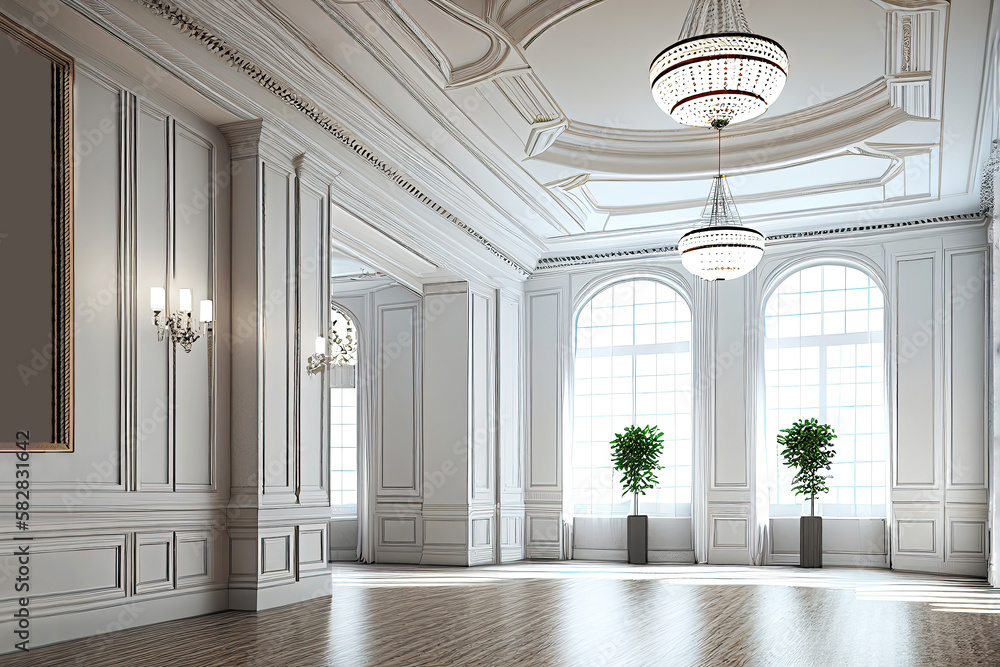 Bright classical ballroom as digital interior design illustration ...