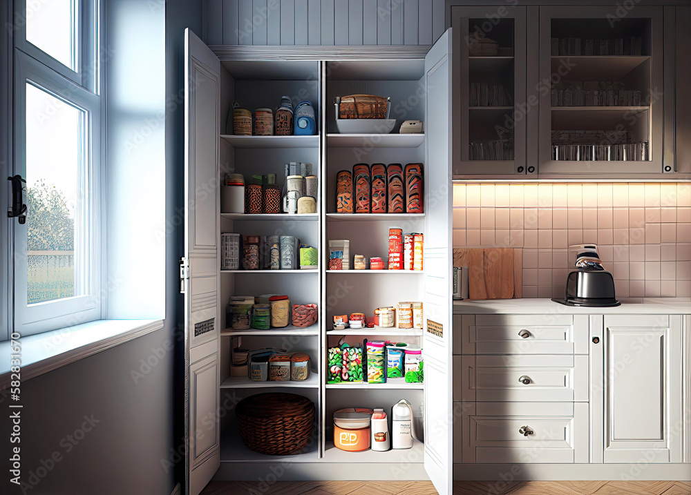 Interior of modern kitchen pantry as digital interior design ...
