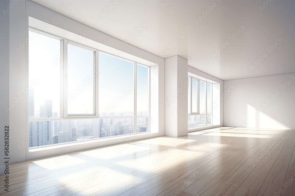 Interior of empty, white room with light colored floor, white walls ...