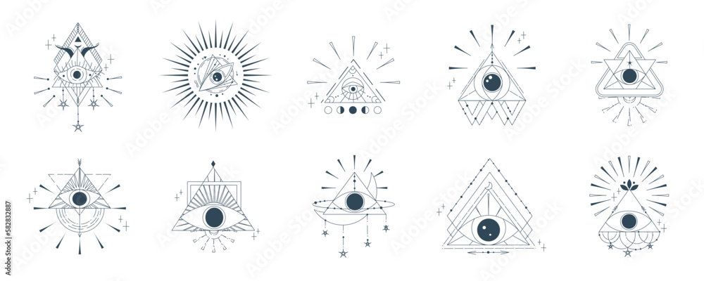 Esoteric pyramid set with eye isolated. Occult mystic triangle with sun ...