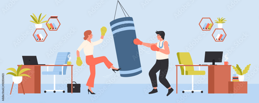 Employees boxing in office interior vector illustration. Cartoon man ...