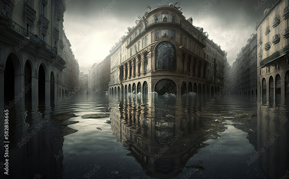 Dramatic flood in a fictional city center with a very high water level ...