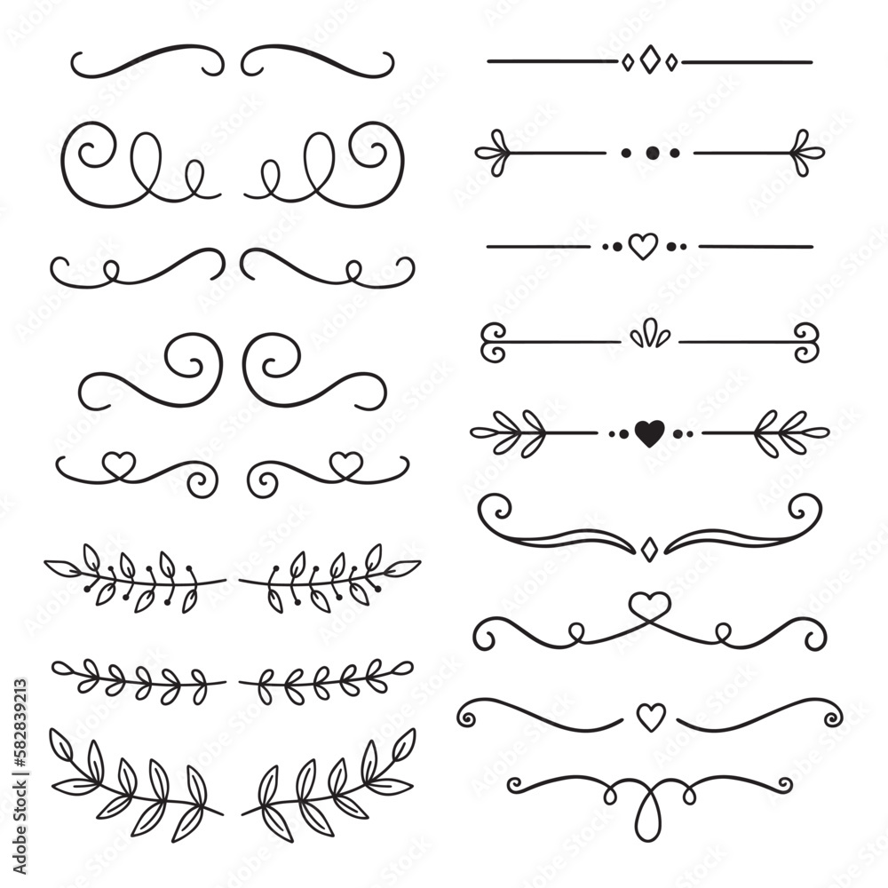 Text dividers doodle set. Wedding decorative elements with leaves ...