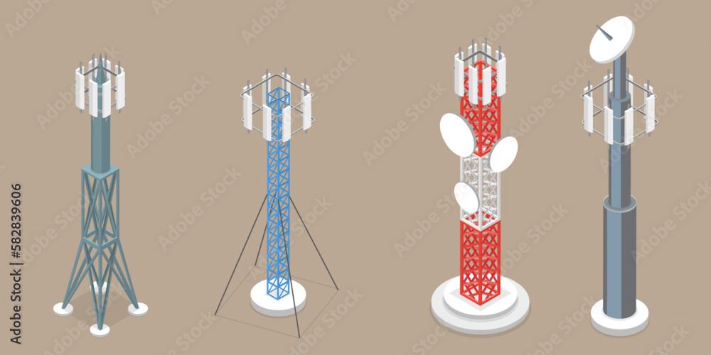 3d Isometric Flat Vector Set Of Telecom Towers Communicating Radio Constructions Stock Vector