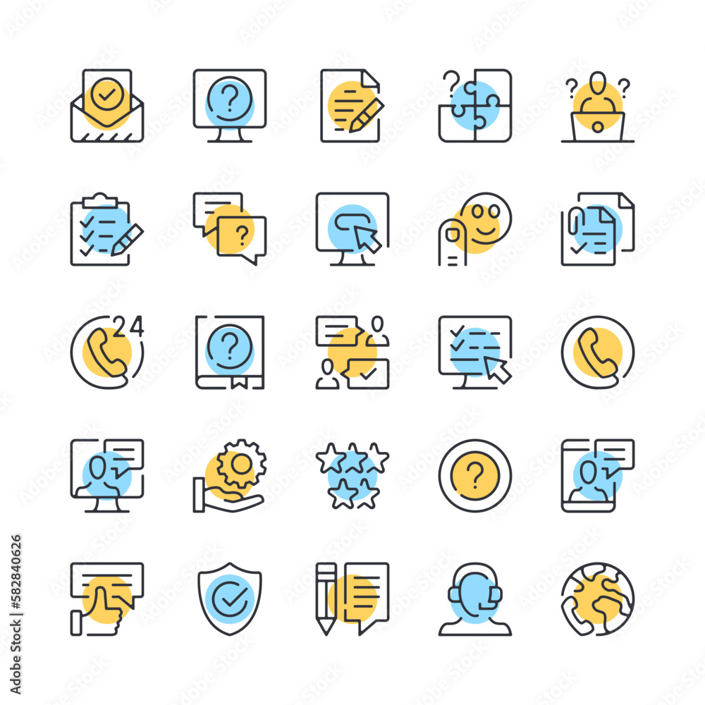 Customer service line icons. Set of customer support icons. Black, blue ...