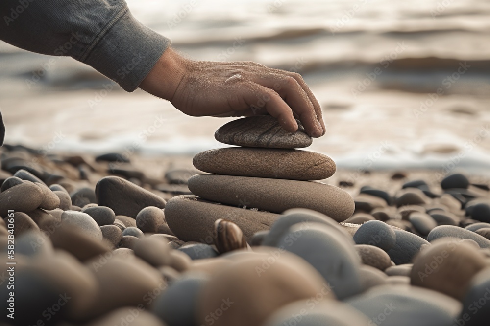 Young man's hand balancing stacking stones on a beach. Generative AI ...