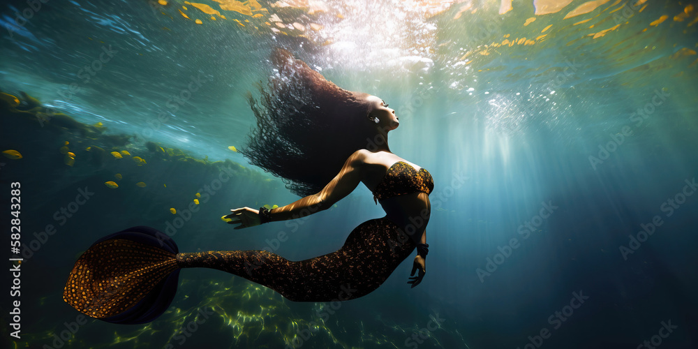 Beautiful black mermaid in the water. Randomly generated not based on a ...