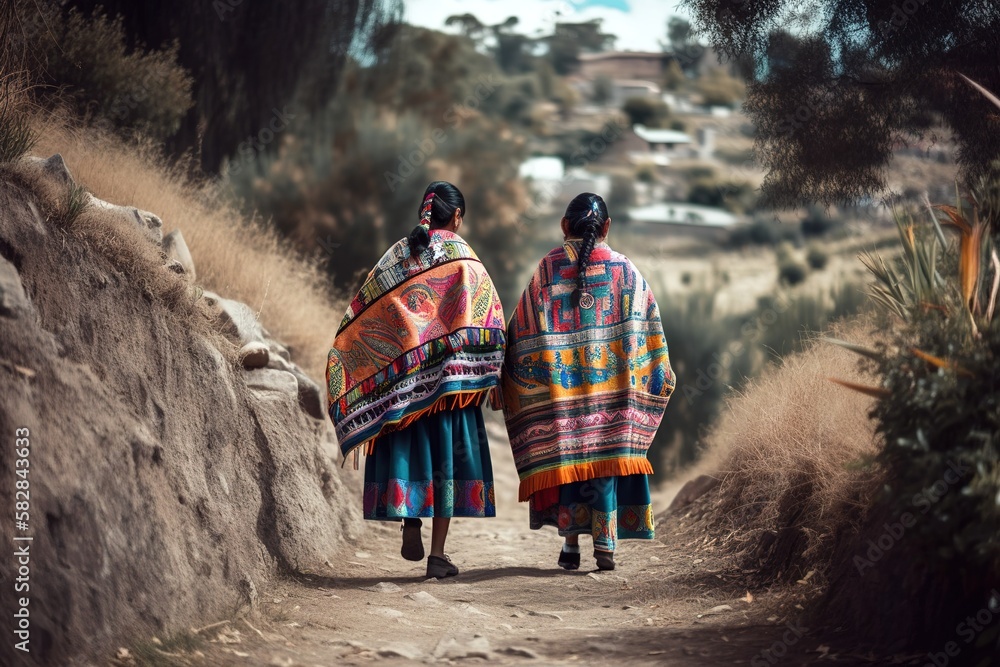 Back view of two Quechua indigenous women in traditional clothes ...