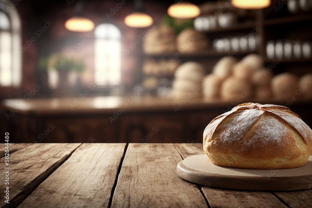Wooden table top on blurred background of bakery for product display ...