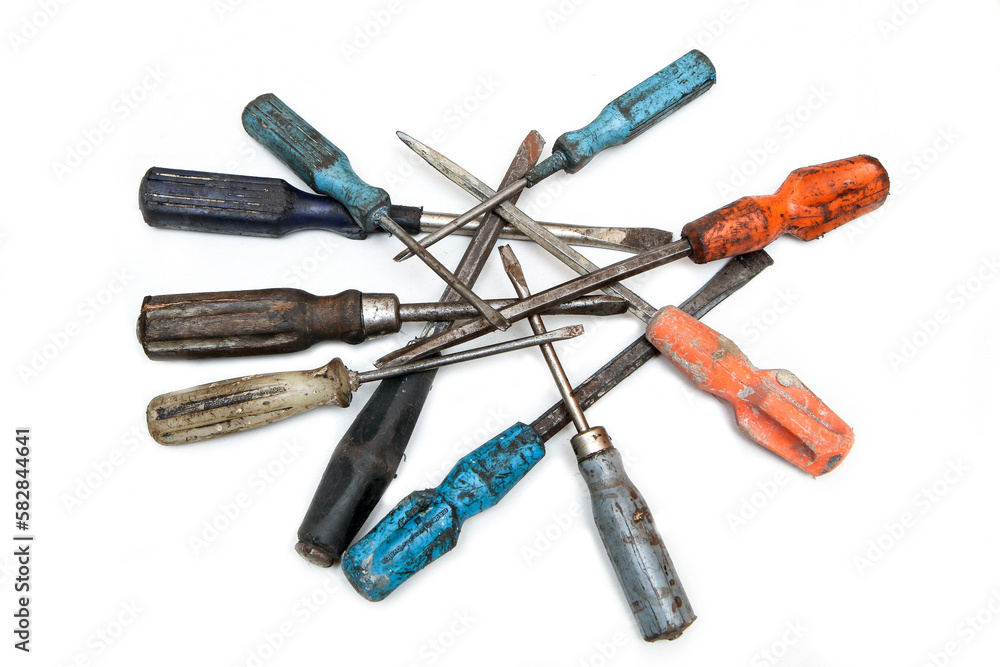 The set of aged and worn screwdrivers isolated in a white background ...