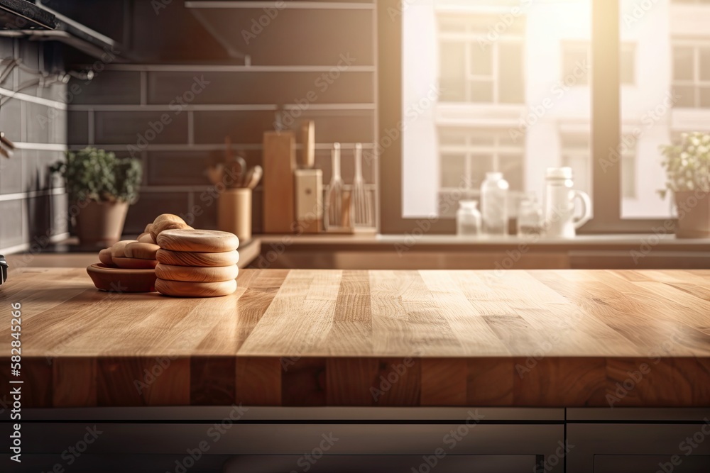 Background of a counter or table in a kitchen. Tablecloth and wood ...