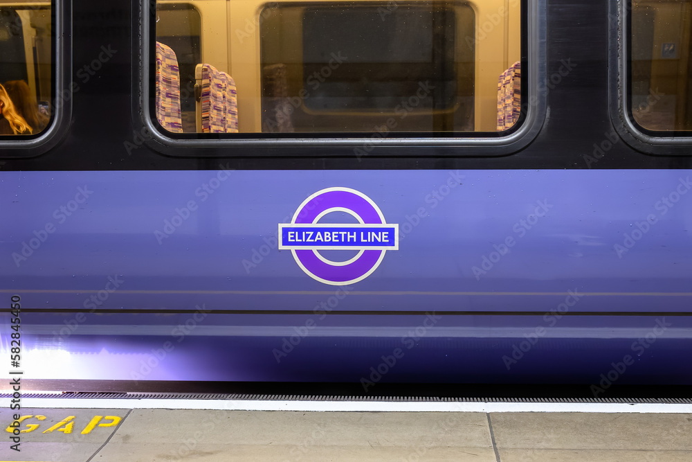 Elizabeth Line roundel sign on the side of a train Stock Photo | Adobe ...