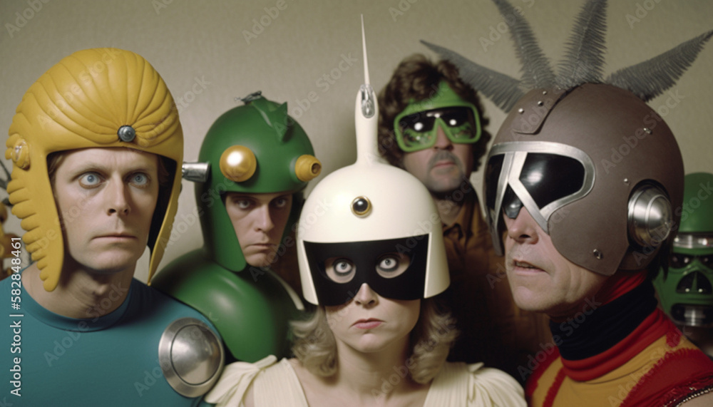 Group of five actors on a movie set in costume for a science fiction ...