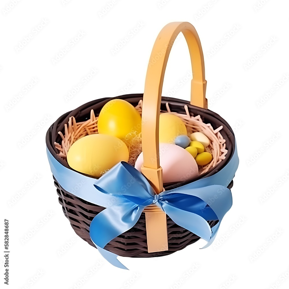 Isolated Easter basket, in the basket lies paska, sausage, ham, Easter ...