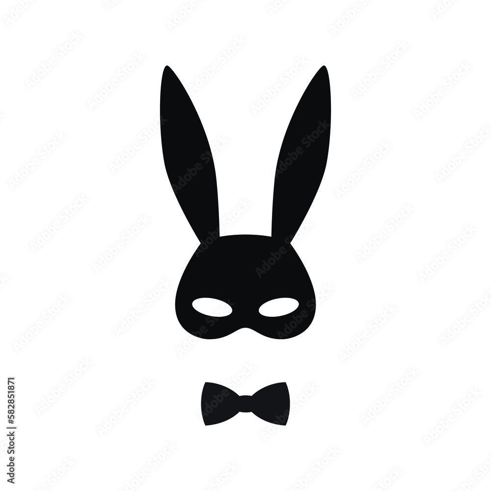 Flat rabbit mask with black bow tie vector drawing illustration. Hand ...