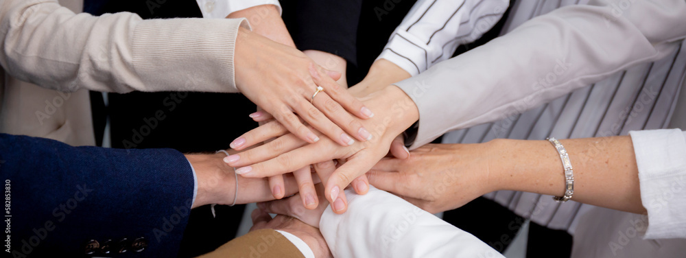 Group of business team harmonious with man and woman joining hands ...