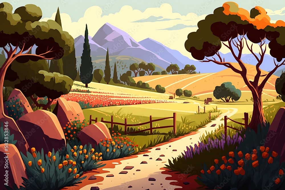 Horizontal garden landscape in cartoon style, agricultural illustration ...