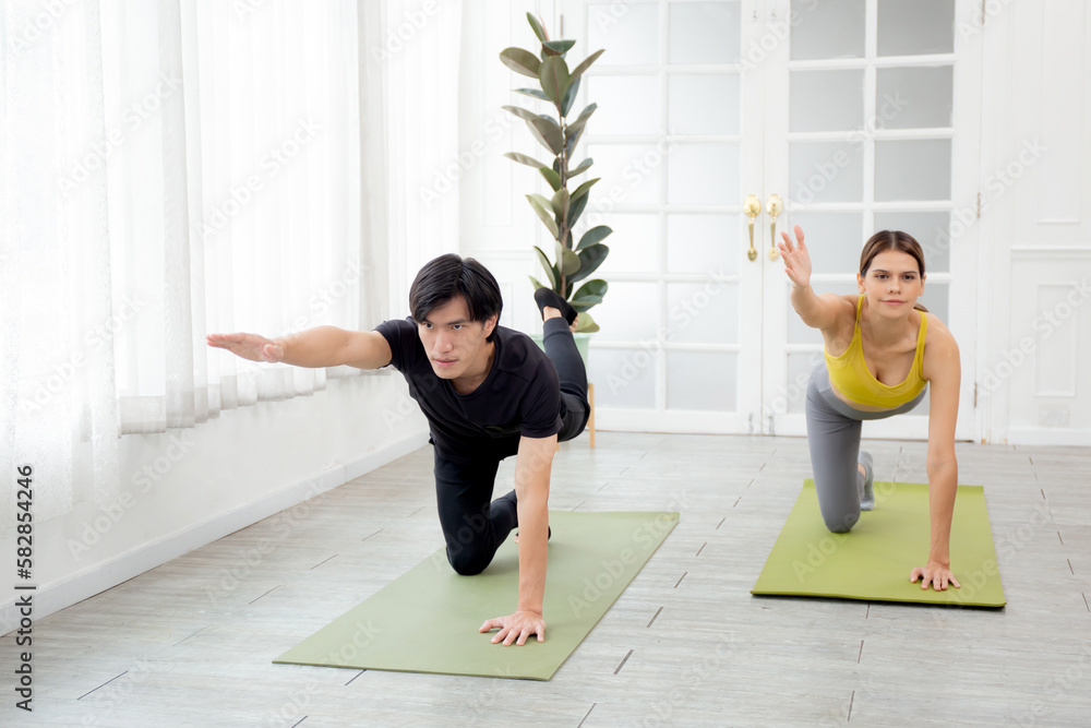Young woman and man practicing workout with posing plank while ...