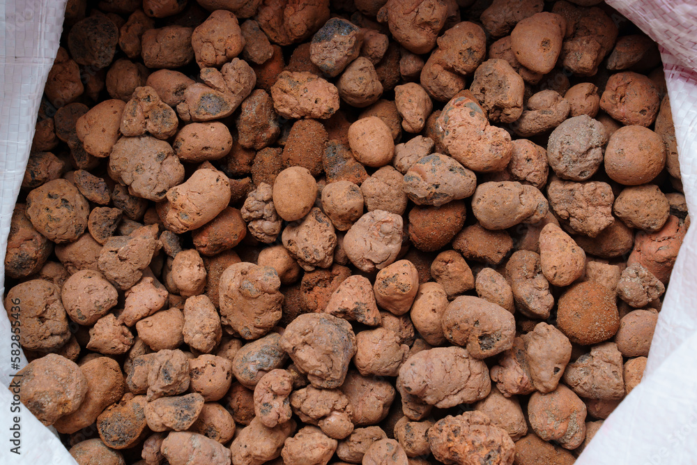 Expanded clay in a bag. lumps of clay used in construction and growing ...