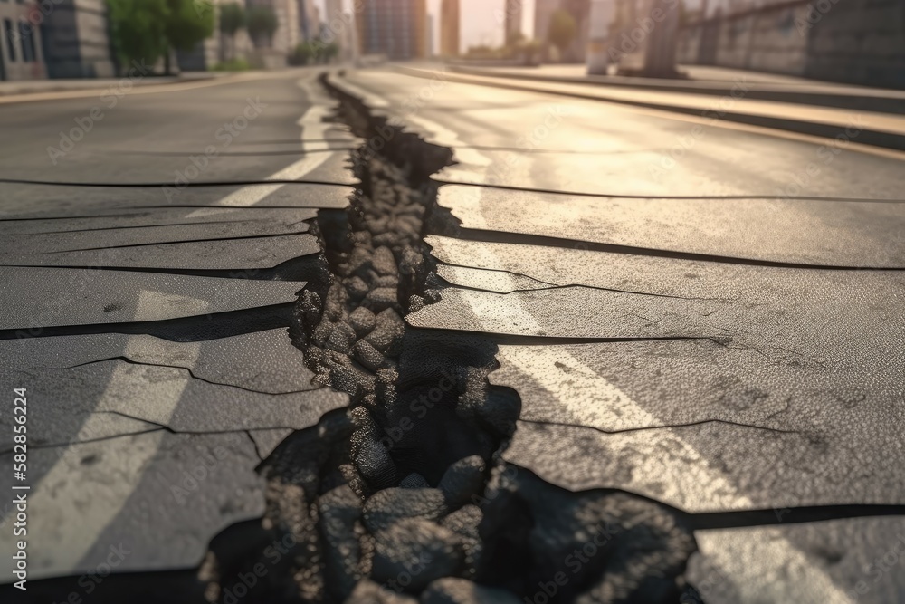 Long crack in the ground. Earthquake damage destruction. Generate Ai ...