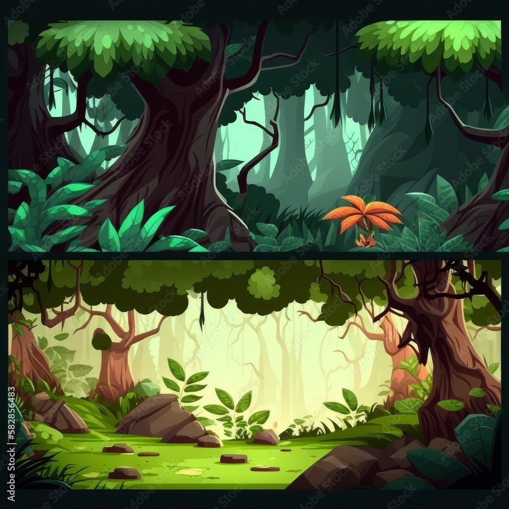 2d game platformer background set in cartoon style. Forest magic world ...