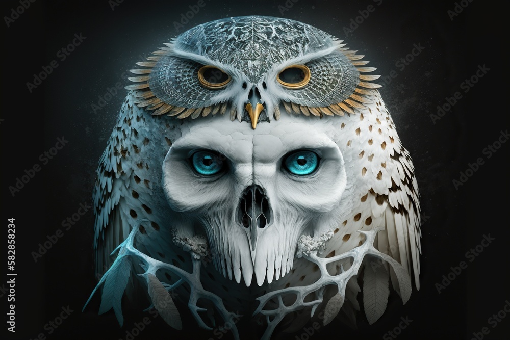 owl with a face in the shape of a human skull in boho style, created ...