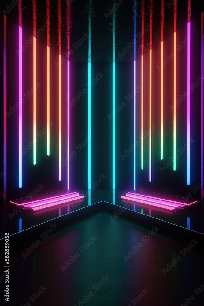 Neon lamp stage background. Glowing futuristic product display stand ...