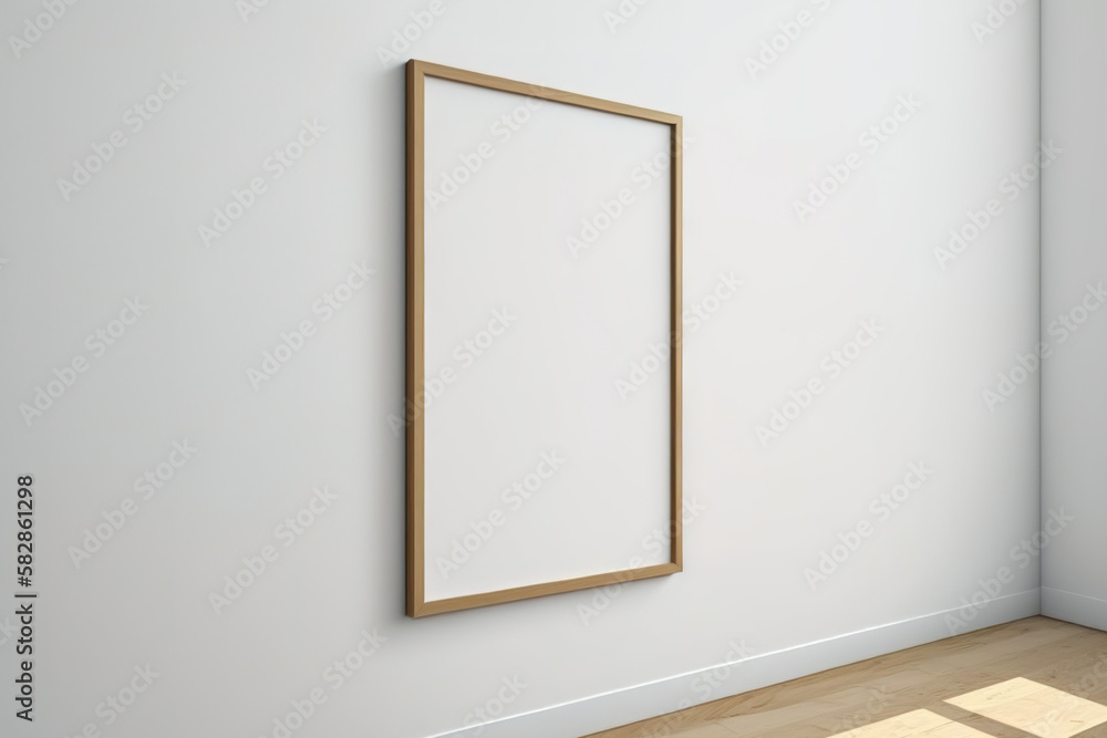 slender wooden frame mounted vertically on a white wall. Generative AI ...