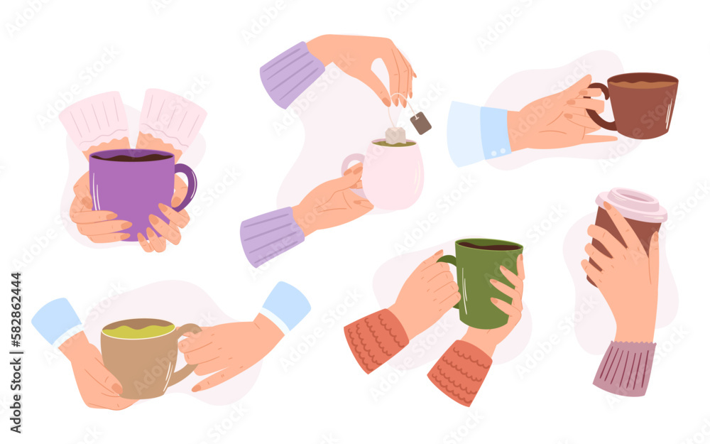 Set of Hands Holding Mugs Of Different Sizes, Shapes, And Colors ...