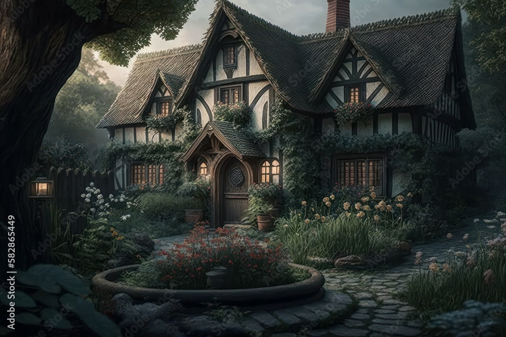 Courtyard of an old medieval house. Fantasy background. AI generated ...