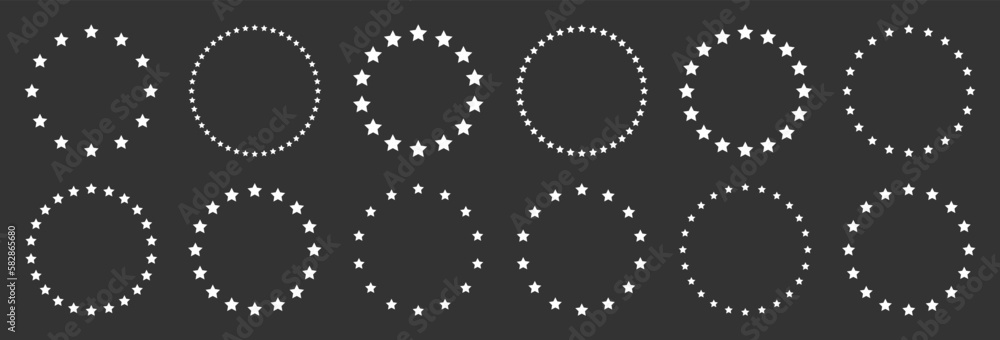 White stars of various sizes arranged in a circle. Round frame, border ...