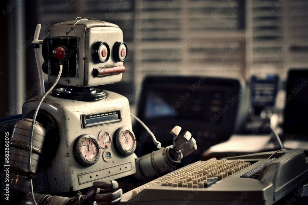 Outdated robot behind a typewriter. AI generated, human enhanced. Stock ...