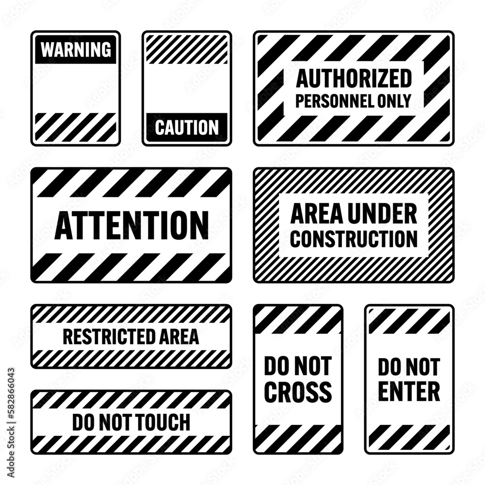 Various black warning signs with diagonal lines. Attention, danger or ...
