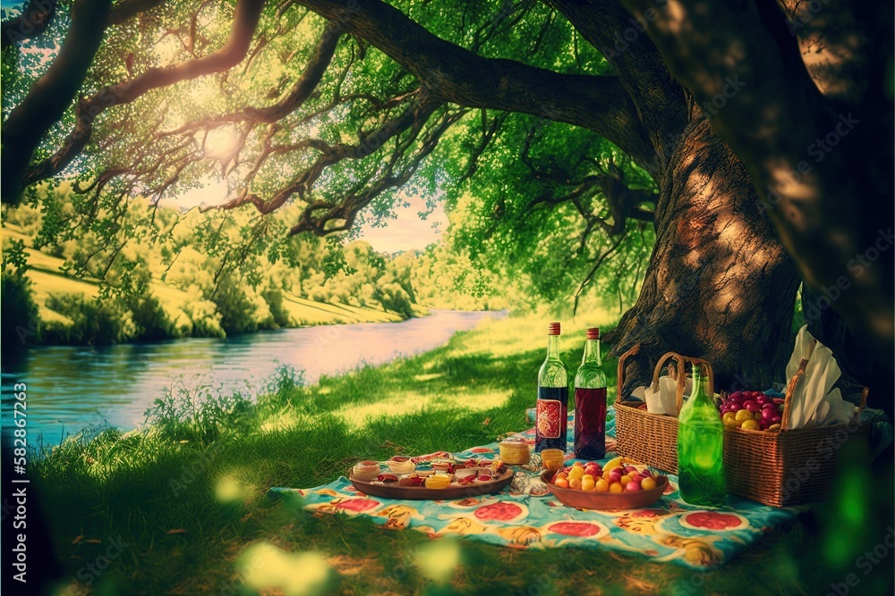 Idyllic Picnic Scene: Colorful Spread under a Tree on a Vibrant Green ...