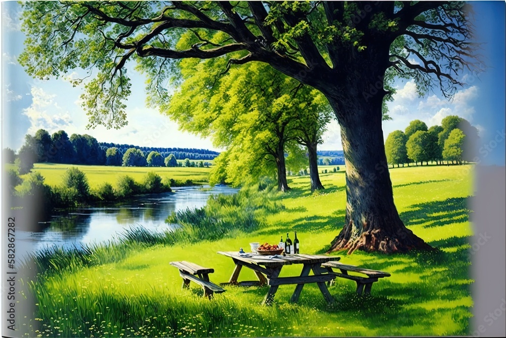 Idyllic Picnic Scene: Colorful Spread under a Tree on a Vibrant Green ...
