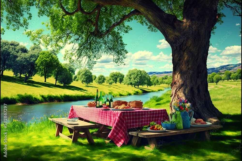 Idyllic Picnic Scene: Colorful Spread under a Tree on a Vibrant Green ...