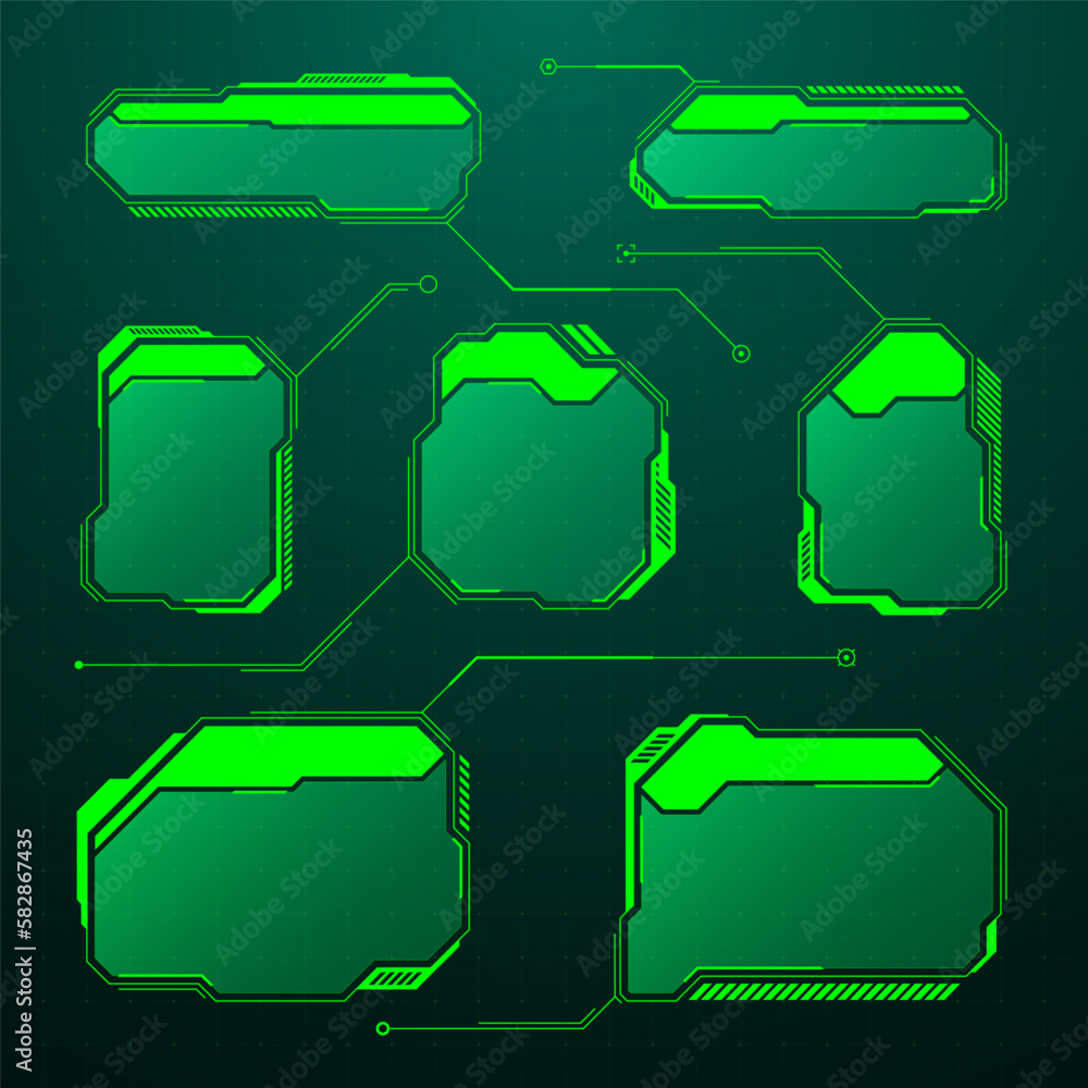 Green futuristic HUD, UI elements. Sci-fi user interface text boxes ...