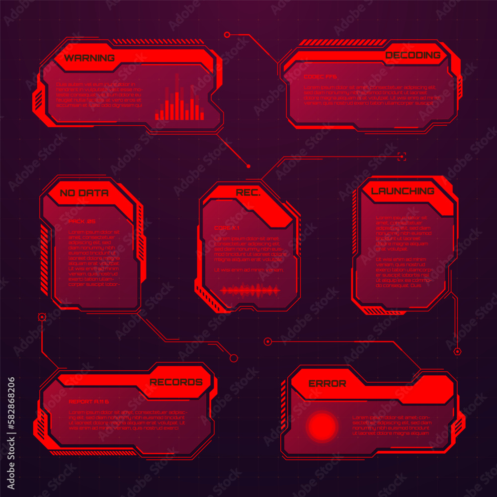 Red futuristic HUD or UI elements. Sci-fi user interface text boxes, callouts. Warning message ...