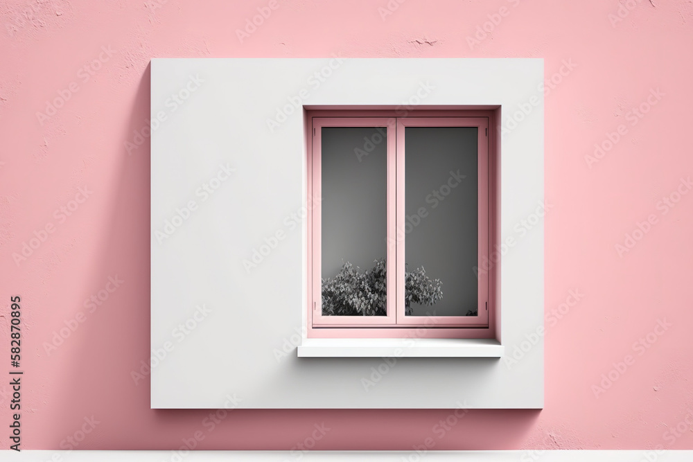 Exterior plaster wall with white window with shutters, garden ...