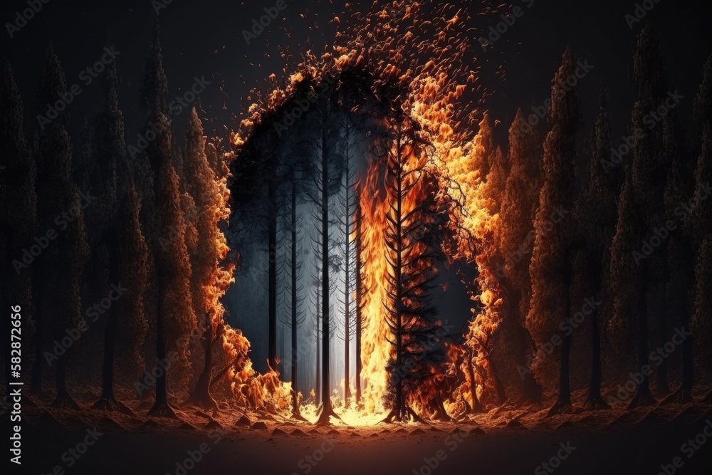 Fire in forest .Wildfire landscape, wildland. Natural ecology disaster ...