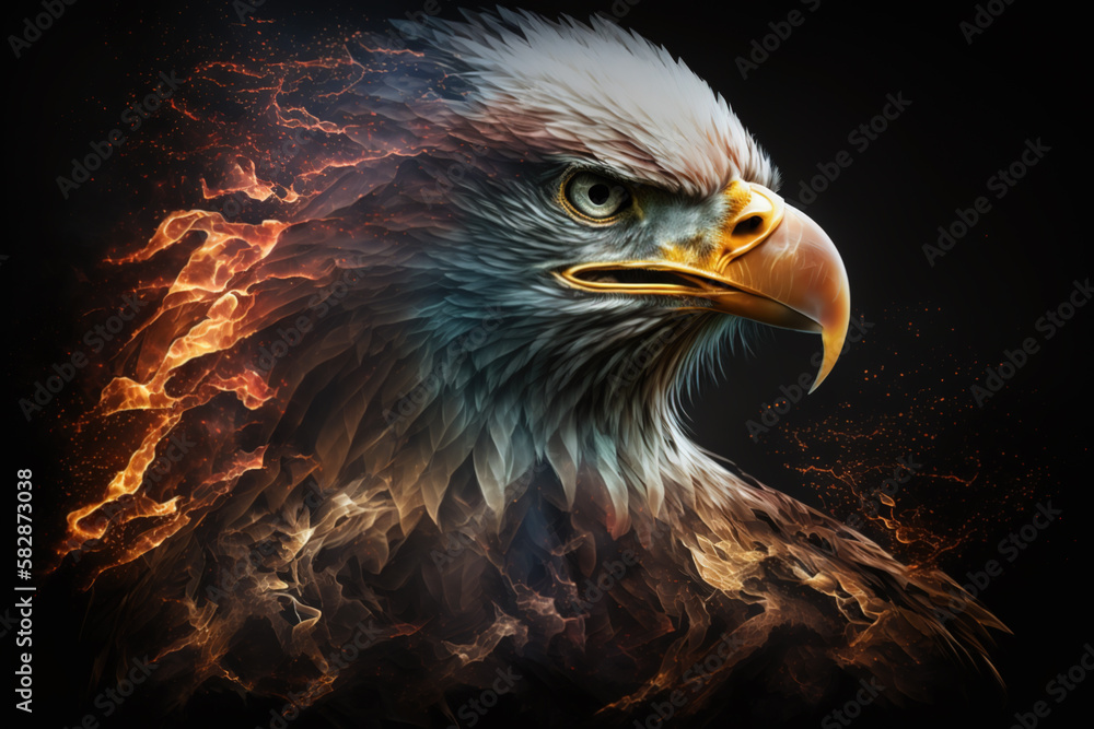 Generative AI. Illustration of fire burning eagle with black background ...
