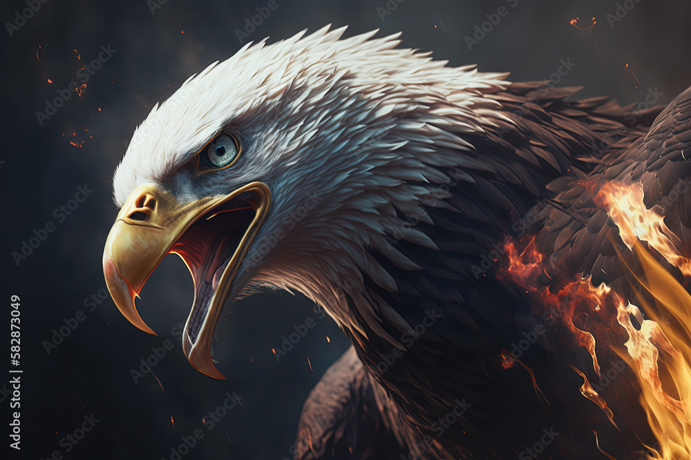 Generative AI. Illustration of fire burning eagle with black background ...