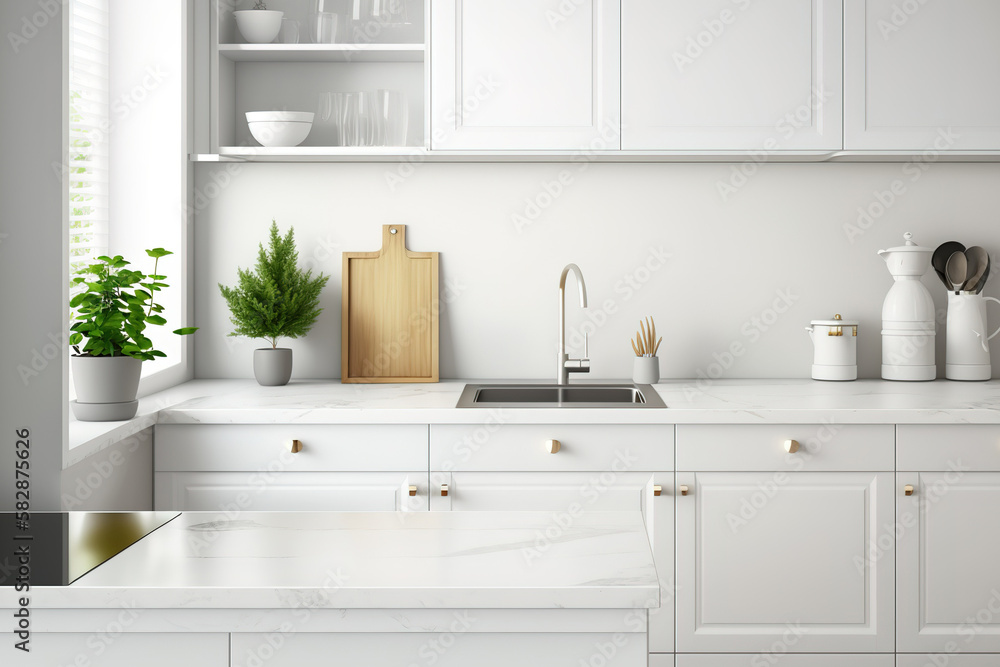 White countertop on background of kitchen interior with sink and ...